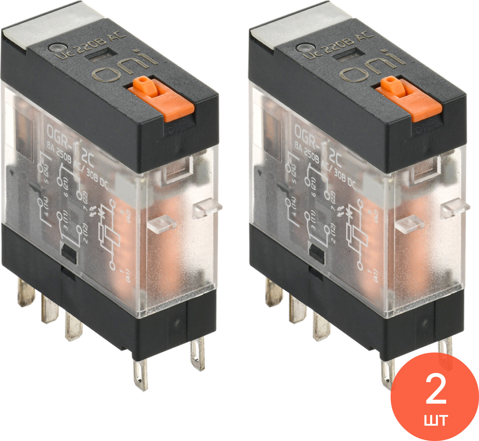 Реле промежуточное ONI / ОНИ OGR-1 2C, 29х13х34мм, 8А 220В АC, OGR-1-2C-AC220V-L-BB / электрика (комплект из 2 шт)