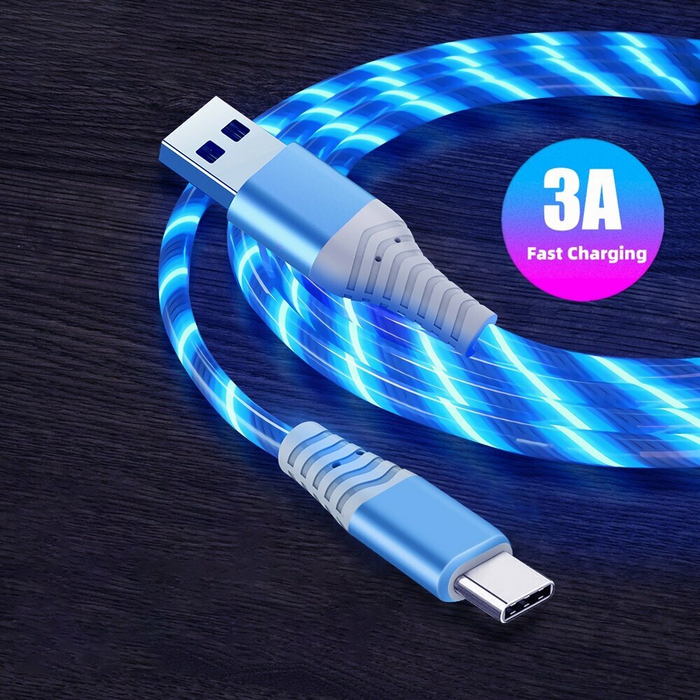 3A светящийся кабель Micro USB Type C кабель для быстрой зарядки iPhone Huawei Xiaomi светодиодное зарядное устройство Flowing Streamer USB C шнур