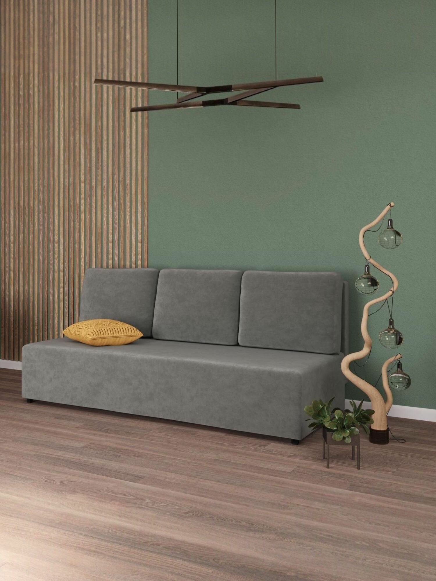 Прямой диван Manons Maison Каир, раскладной механизм Еврокнижка, Велюр серый, 187х87х86 см