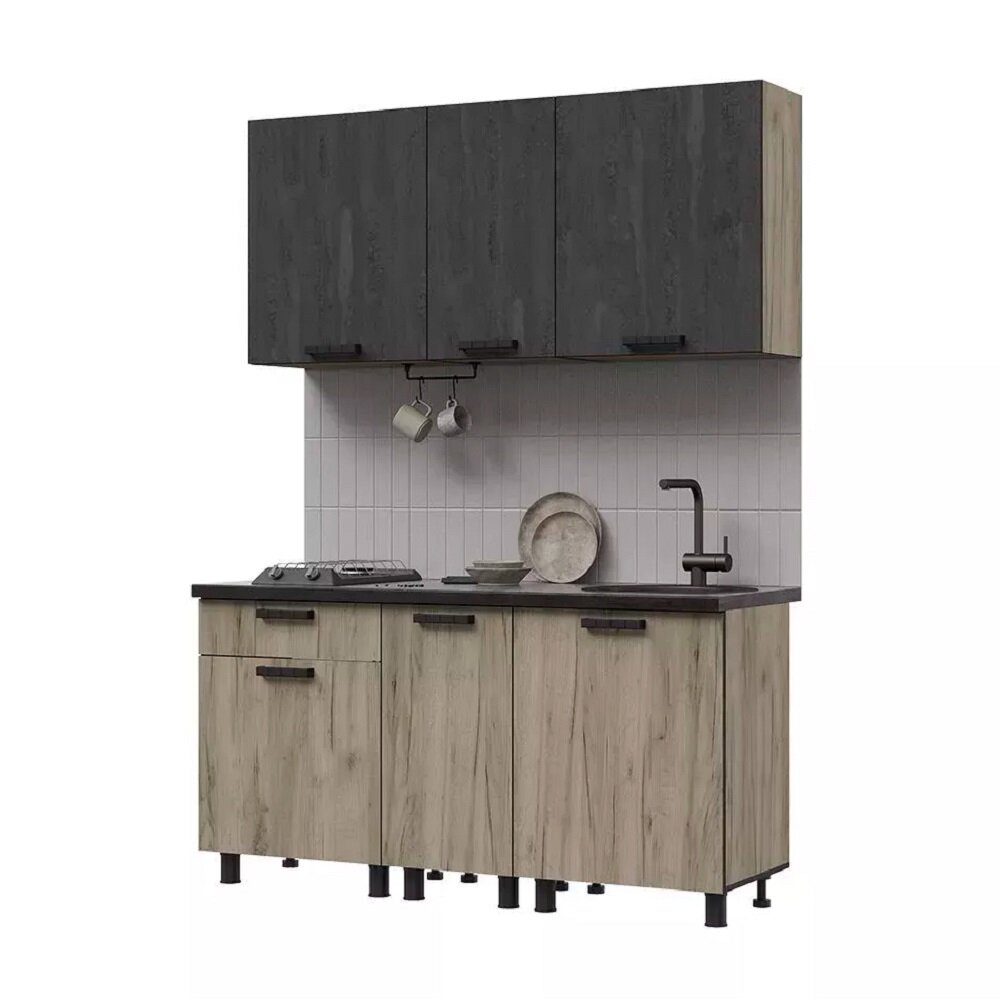 Кухонный гарнитур Эдинбург 160х216х60 см, цвет железный камень/дуб крафт серый