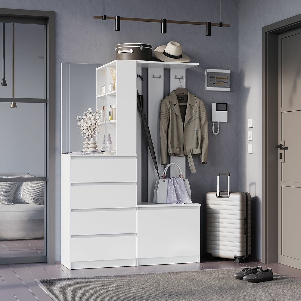 Прихожая Симпл ПР-04 с полками, с зеркалом и ящиками, ЛДСП Белый