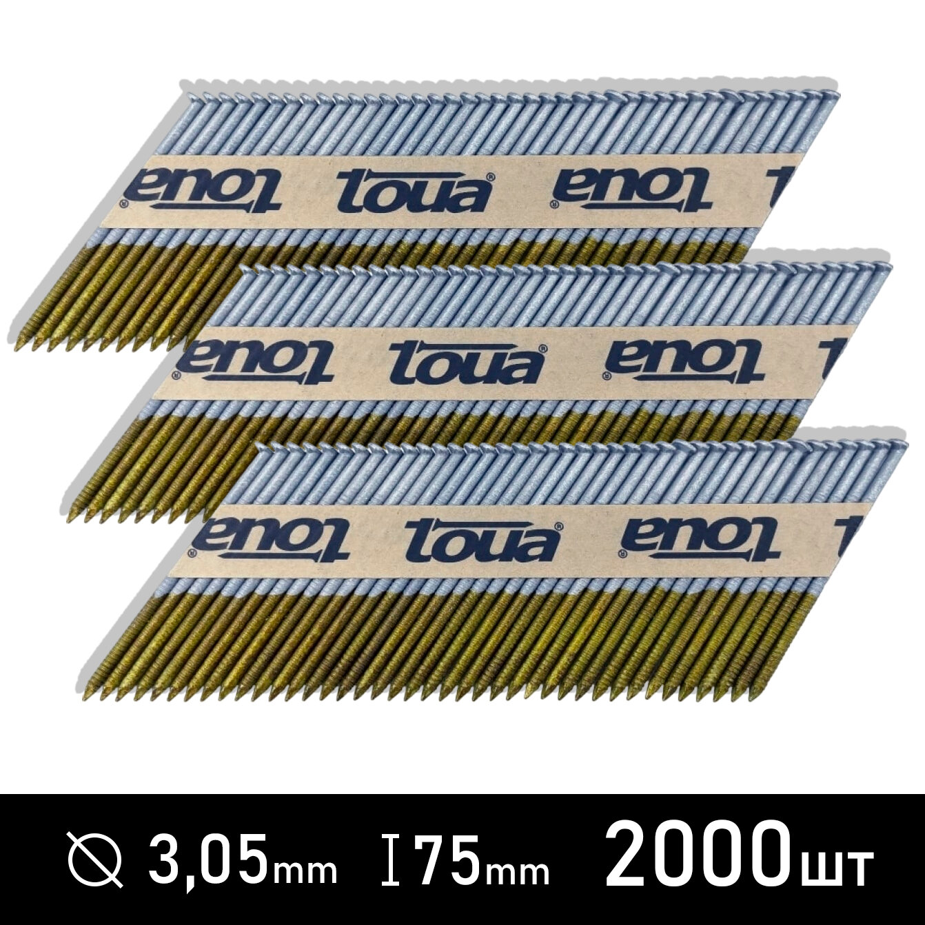 Гвозди по дереву Toua D34 3,05х75 мм Ri Brt (2000 шт) для газового монтажного пистолета, в бумажной кассете по 40 шт