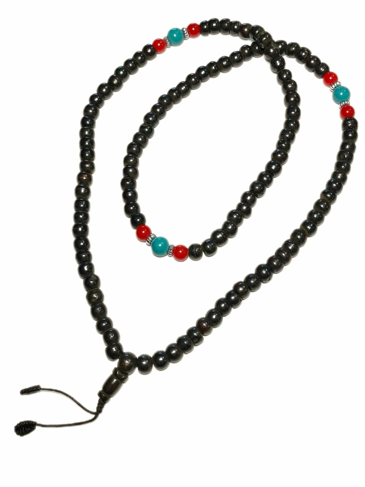 Чётки-Мала для чакр из кости темно-коричневые с красными и бирюзовыми бусинами, на шнуре (бусины 6*8 мм, длина нити 76 см.), 1 шт.