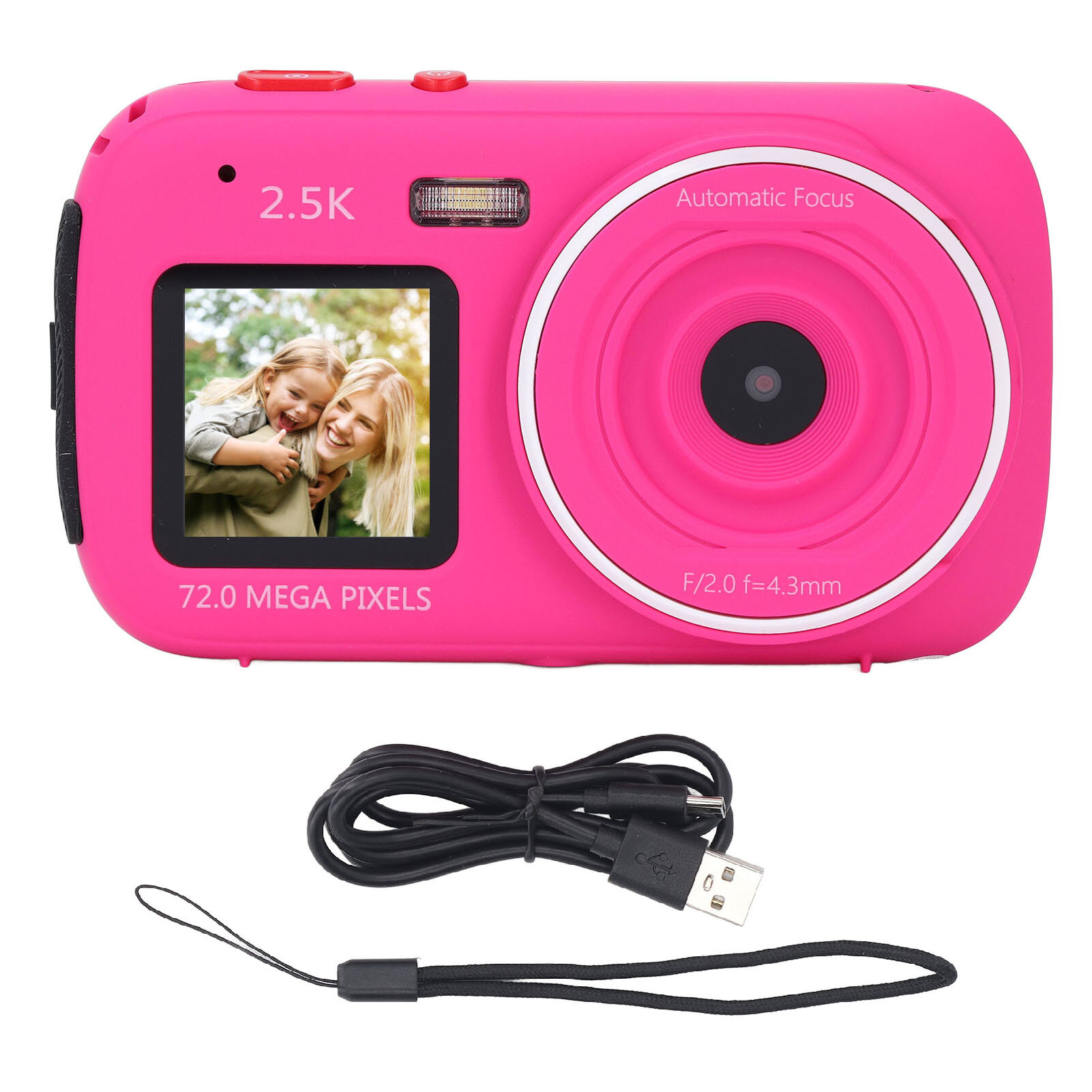 Digital Camera 72MP 2.5K Dual Screen 16X Digital Zoom Autofocus Anti Shake Automatic Light Sensitive 750mAh Selfie Camera for Travel Rose Red