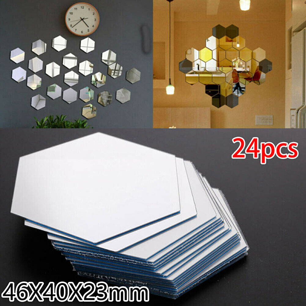 24pcs Hexagon Mirror Sticker Self -Adsive Mosaic Tiles ванная комната декоративные зеркальные наклейки