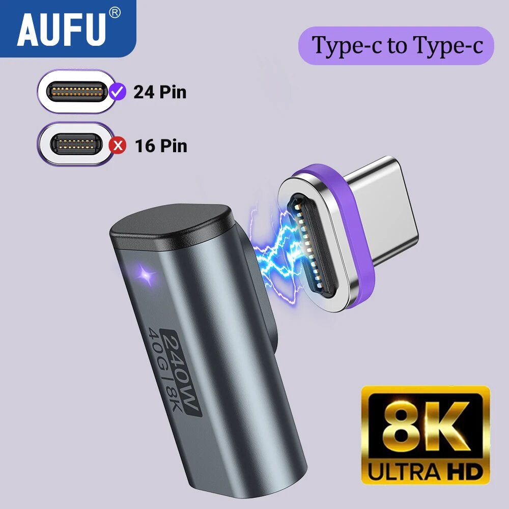 Магнитный адаптер AUFU USB4.0 24Pin 240 Вт USB C к Type C 40 Гбитp Быстрая зарядка USB C Женский преобразователь 8K USB OTG Адаптер Thunderbolt3 24pin Adapter type-c
