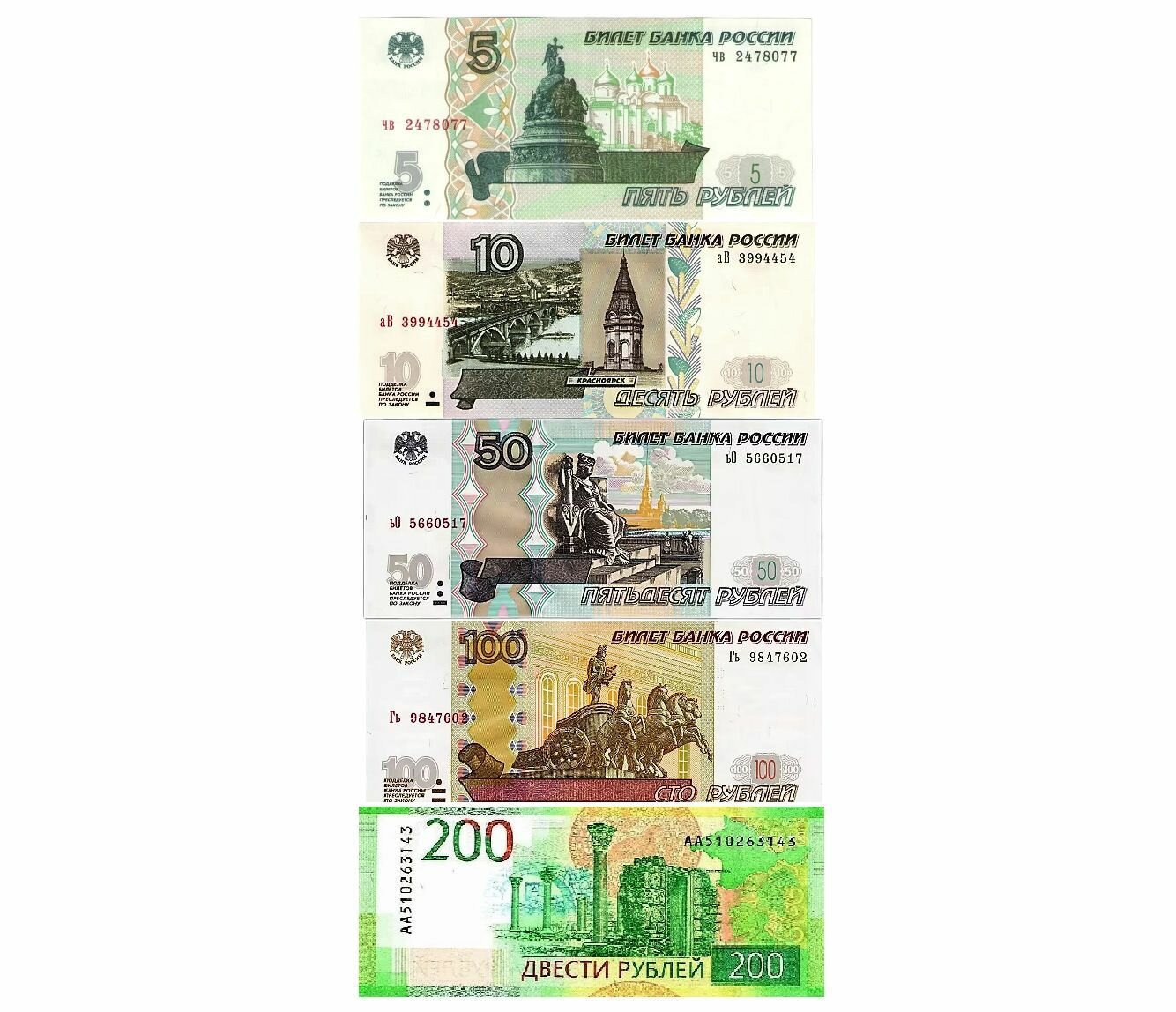 Набор из 5 банкнот России 2022 года выпуска - 5,10,50,100,200 рублей 1997 г.(модификация 2004 г.), (UNC)