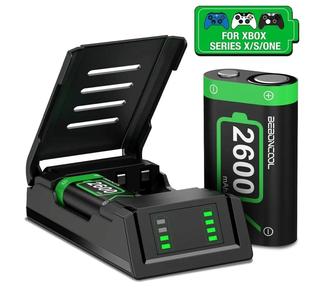 Зарядная станция с 2 аккумуляторами 2600mAh для геймпада XBOX ONE S X / SERIES S X BEBONCOOL с крышкой