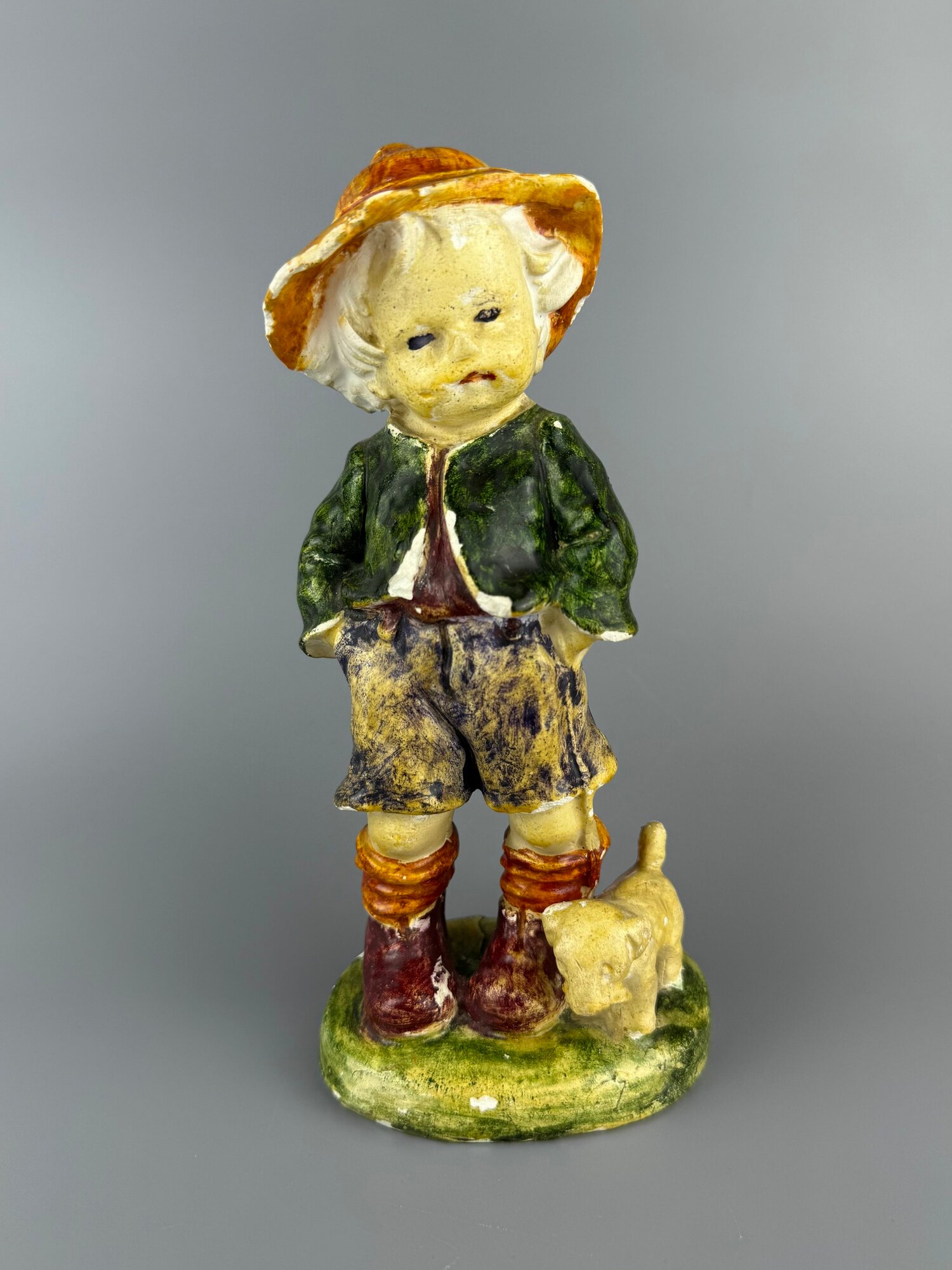 Винтажная статуэтка Мальчик и собака. Гипс. Роспись. Высота 22,5 см. Германия. 1950-60-е гг.