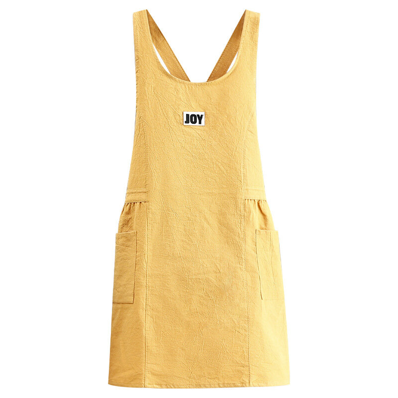 Модный хлопковый фартук с перекрещивающимися сзади лямками и карманами для женщин, свободный фартук без рукавов для приготовления пищи на кухне или повседневной работы по дому – желтый, в корейском стиле, устойчив к пятнам.
