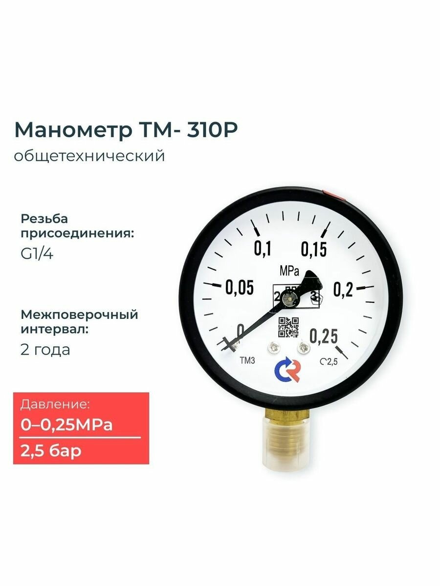 Манометр радиальный ТМ-310P от 0 до 0,25 МПа (2,5 бар) резьба G1/4. класс точности 2,5