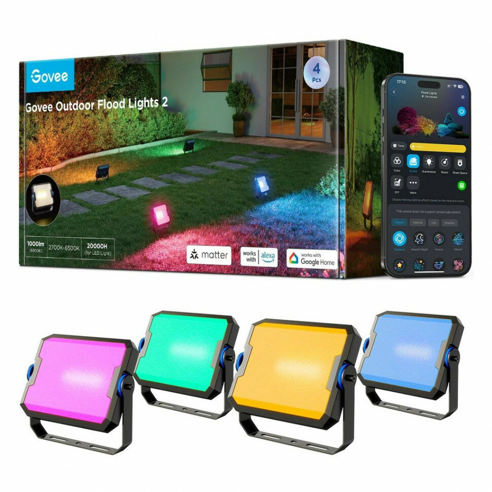 Светодиодные интеллектуальные прожекторы Govee RGBICWW Outdoor Flood Lights 2 1000 Lumen 4 шт. (H8057C11)