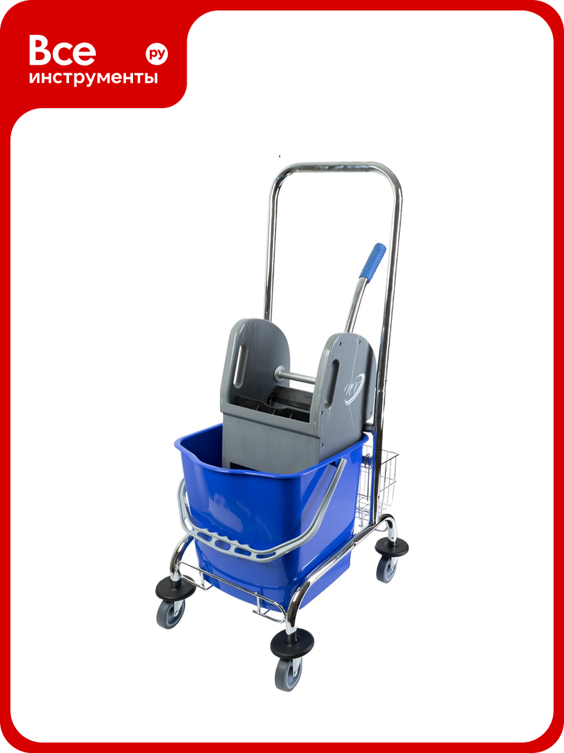 Одноведерная, NV, металлическая тележка NV с отжимом, 23 л, с корзинкой под химию NV-11123, хромированного металла