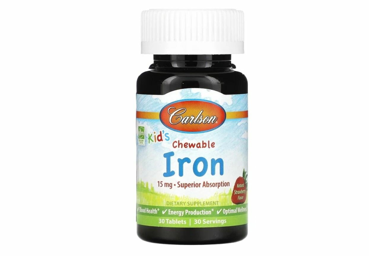 Carlson Labs Kids, Iron, Железо для детей 15 мг, 30 таблеток с клубничным вкусом (хелатированное железо с глицином)