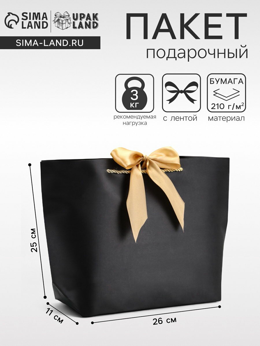 Пакет подарочный ламинированный, с лентой "Чёрный", горизонтальный, 26x25x11 см
