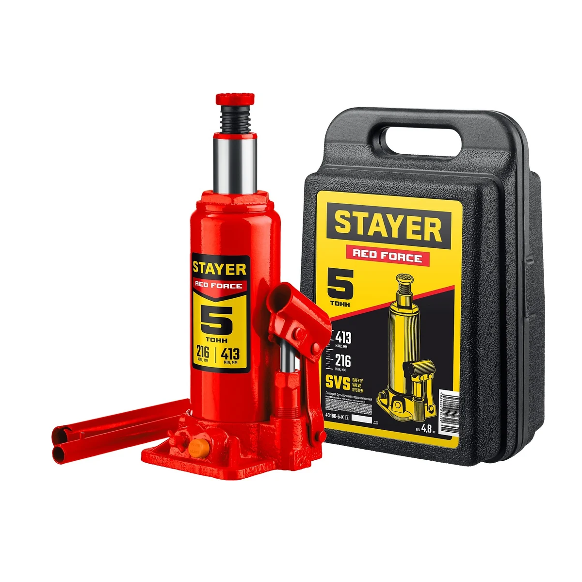 Бутылочный гидравлический домкрат STAYER RED FORCE 43160-5-K_z01, 5 т, красный