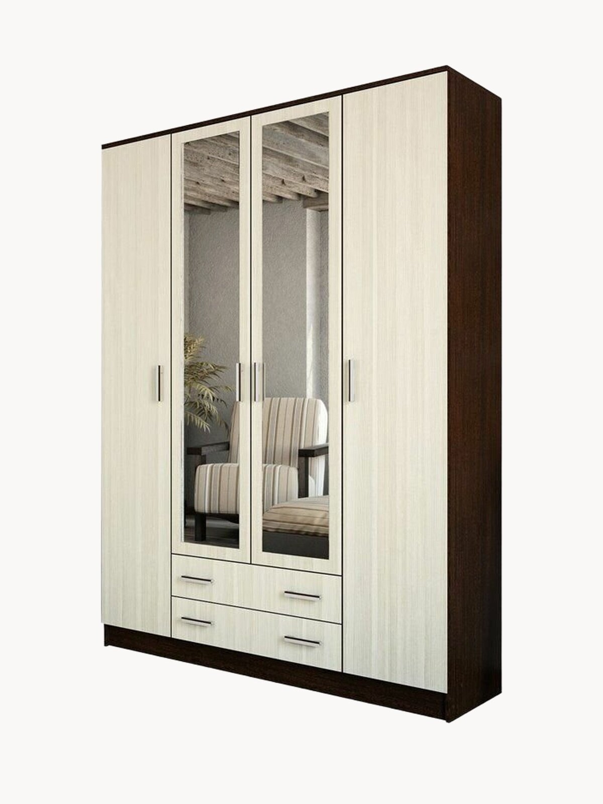 Шкаф распашной Квадро Дуб Венге/Сосна Лоредо ЛДСП, с полками, ящиками, штангой, зеркалом, для спальни, гостиной 1600х2200х497 ЭРА