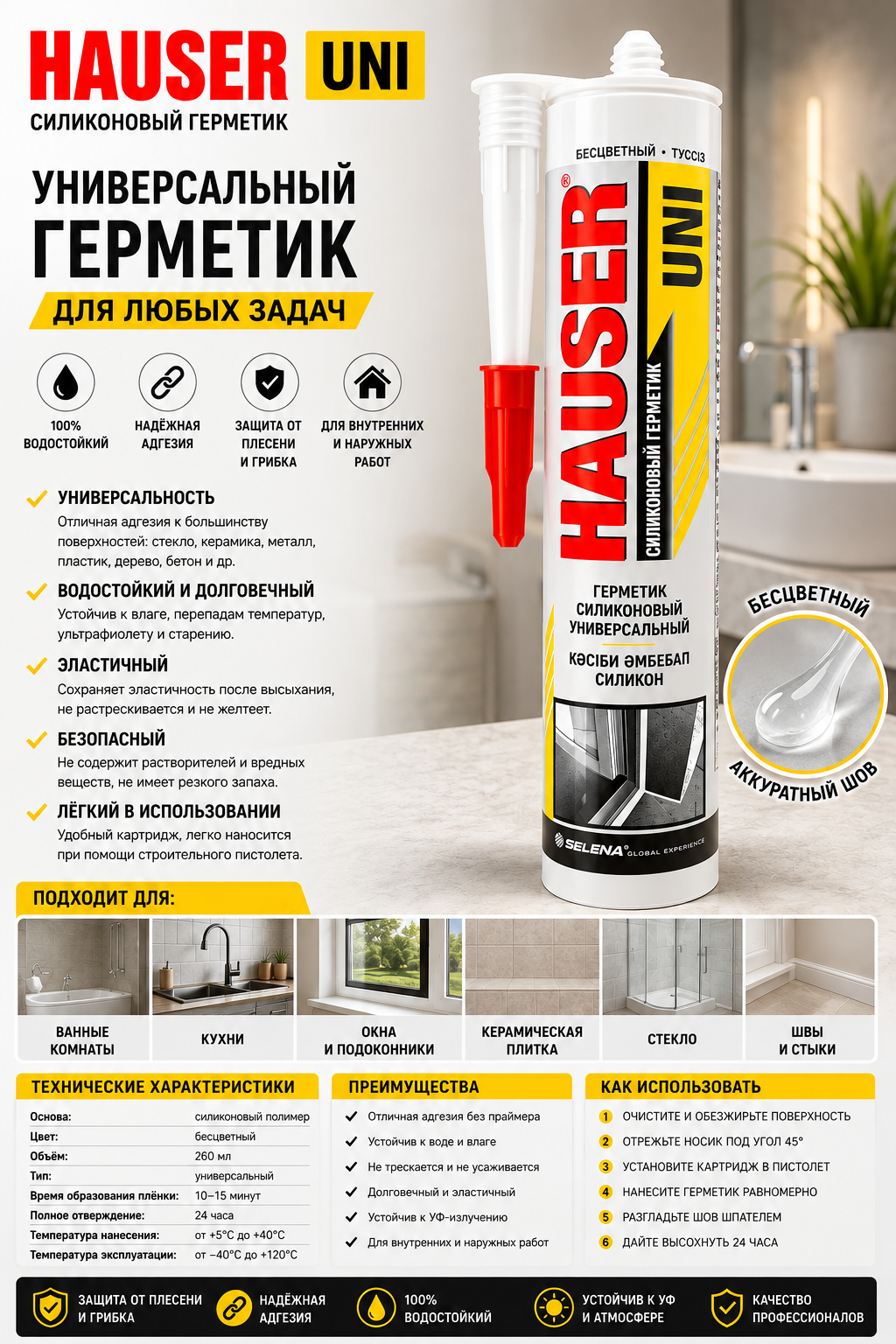 Герметик силиконовый универсальный HAUSER 260мл. Бесцветный