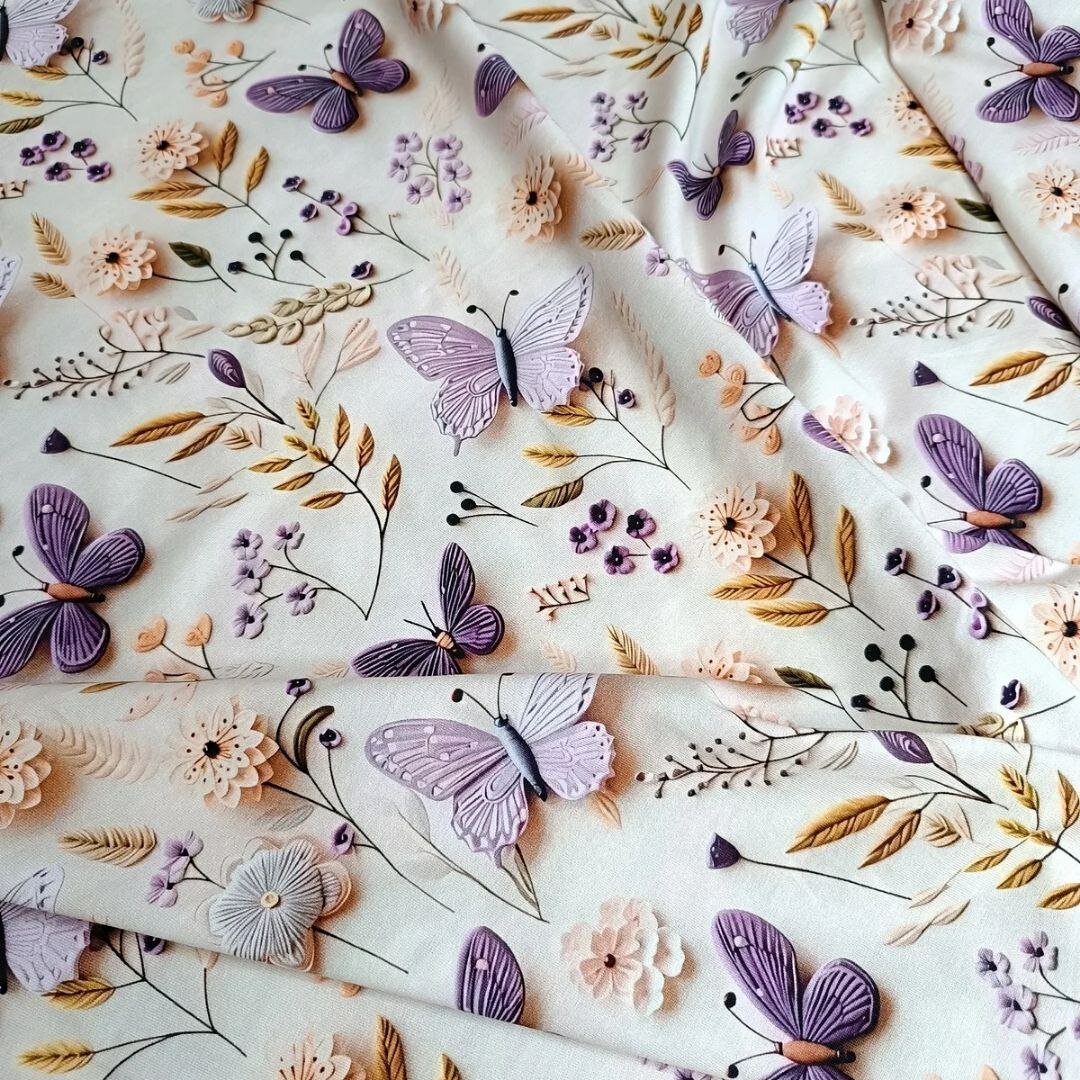Ткань кулирная гладь (кулирка) хлопок, бабочки, 100*180см