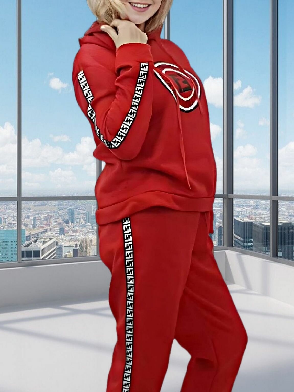 Костюм спортивный женский трикотажный демисезонный утепленный на тонком флисе с принтом на весну осень