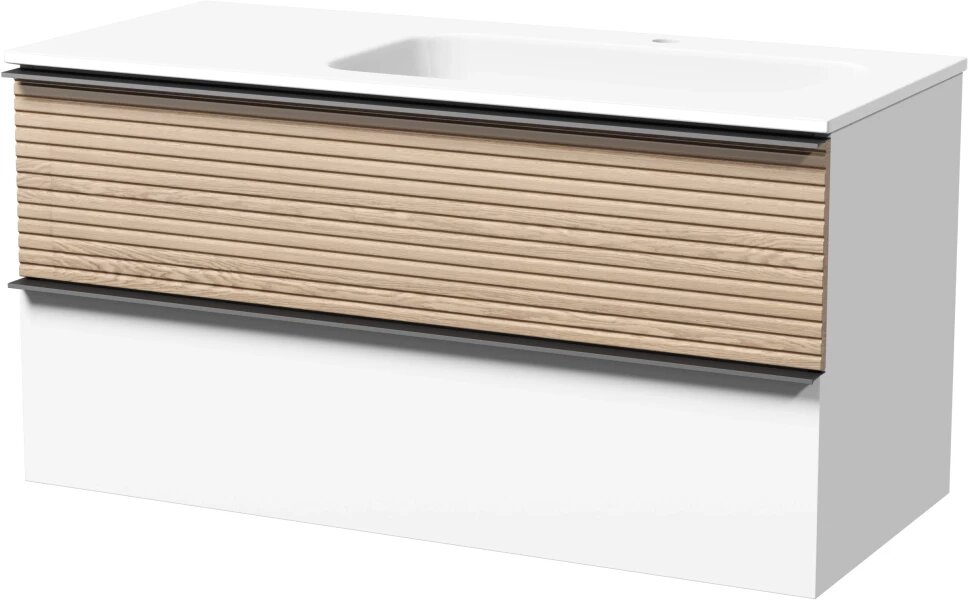 Тумба с раковиной Sancos Delta DL100RW + CN7015 101 см R, подвесная, светлый дуб/белый матовый