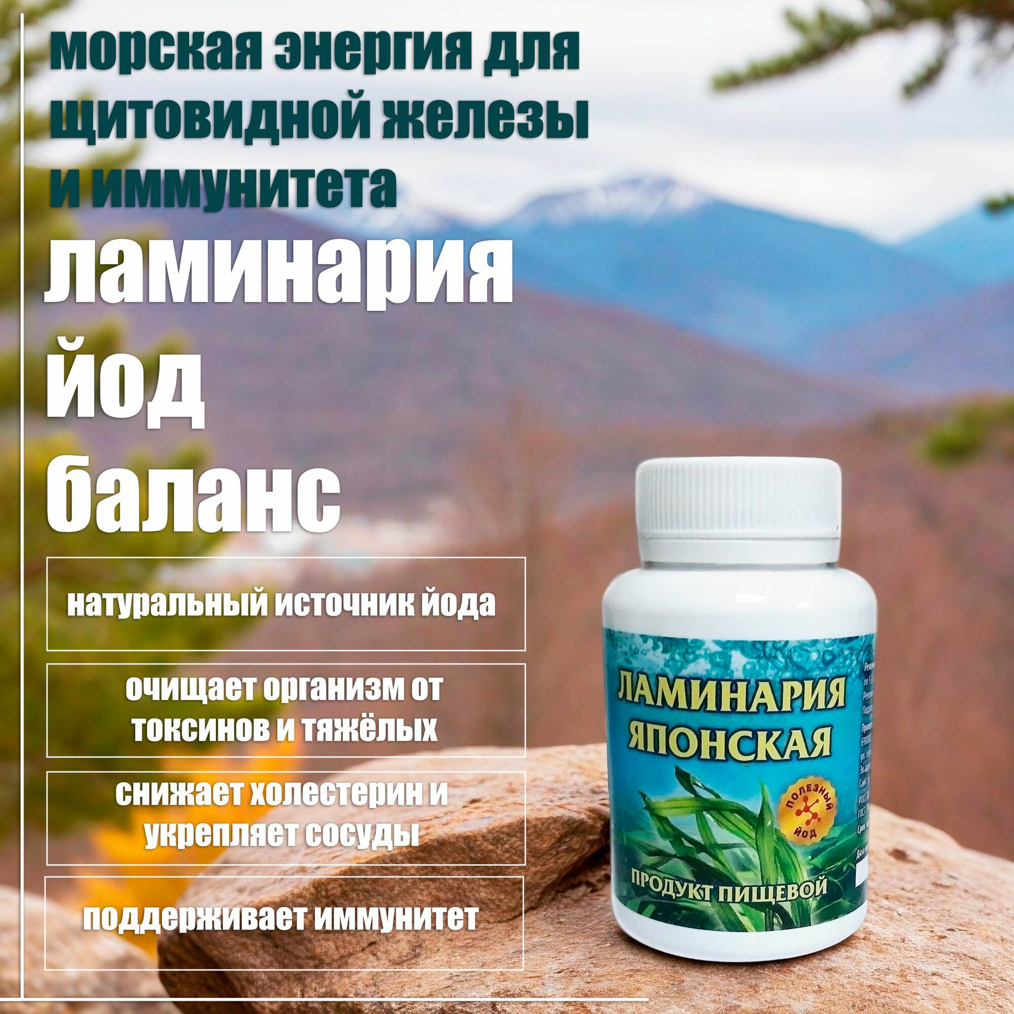 Пищевой биокомплекс ГИДРОБИОНТ ДВ "Ламинария", натуральный йод и витамины, очищение организма