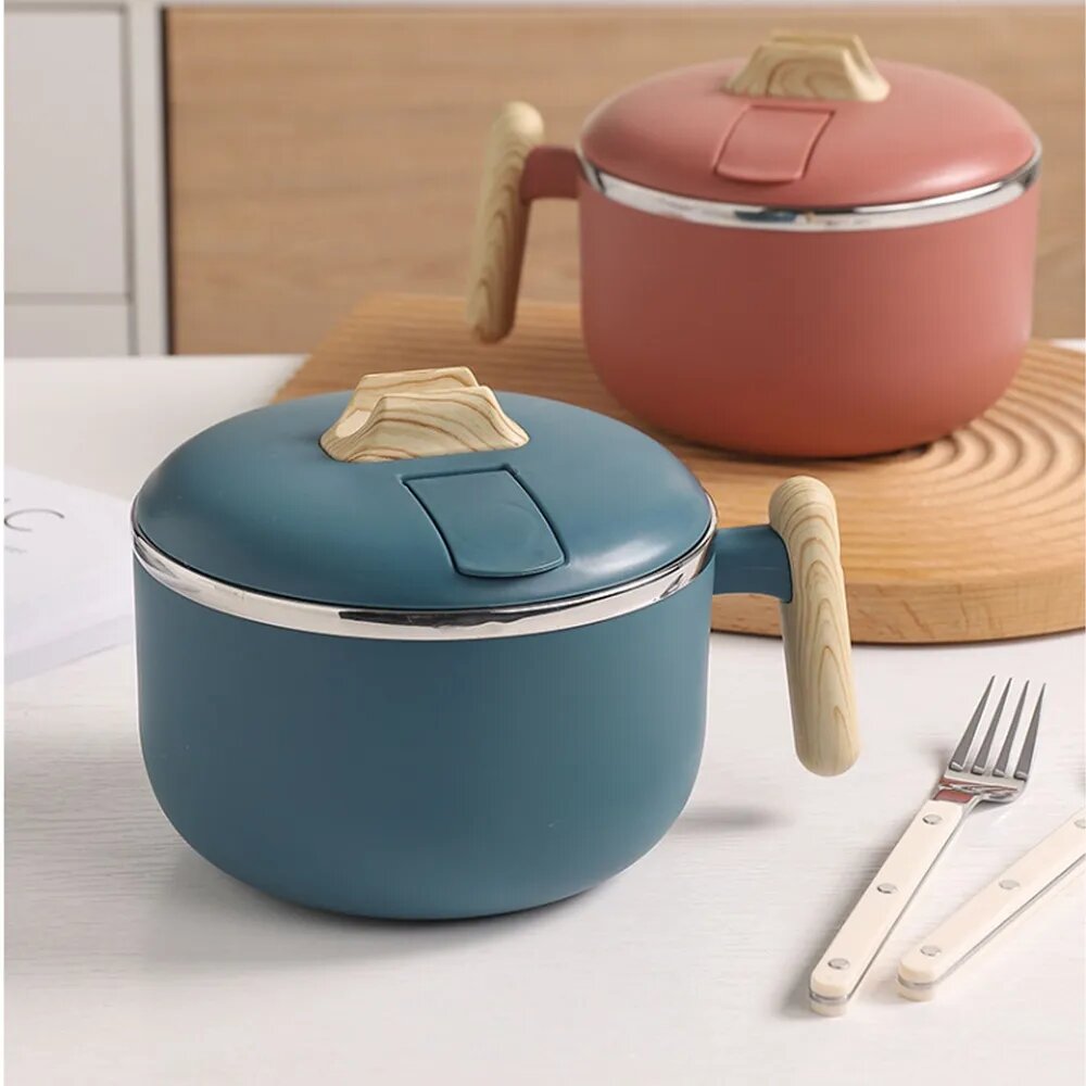 Практичная миска с крышкой для лапши, рамена и супа из нержавеющей стали, 1200 мл, защита от ожогов, удобное хранение и переноска