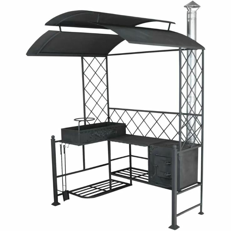 Мангал с крышей и печкой под казан в стиле лофт с рисунком Ромб, мангальная зона угловая для дачи уличная с навесом