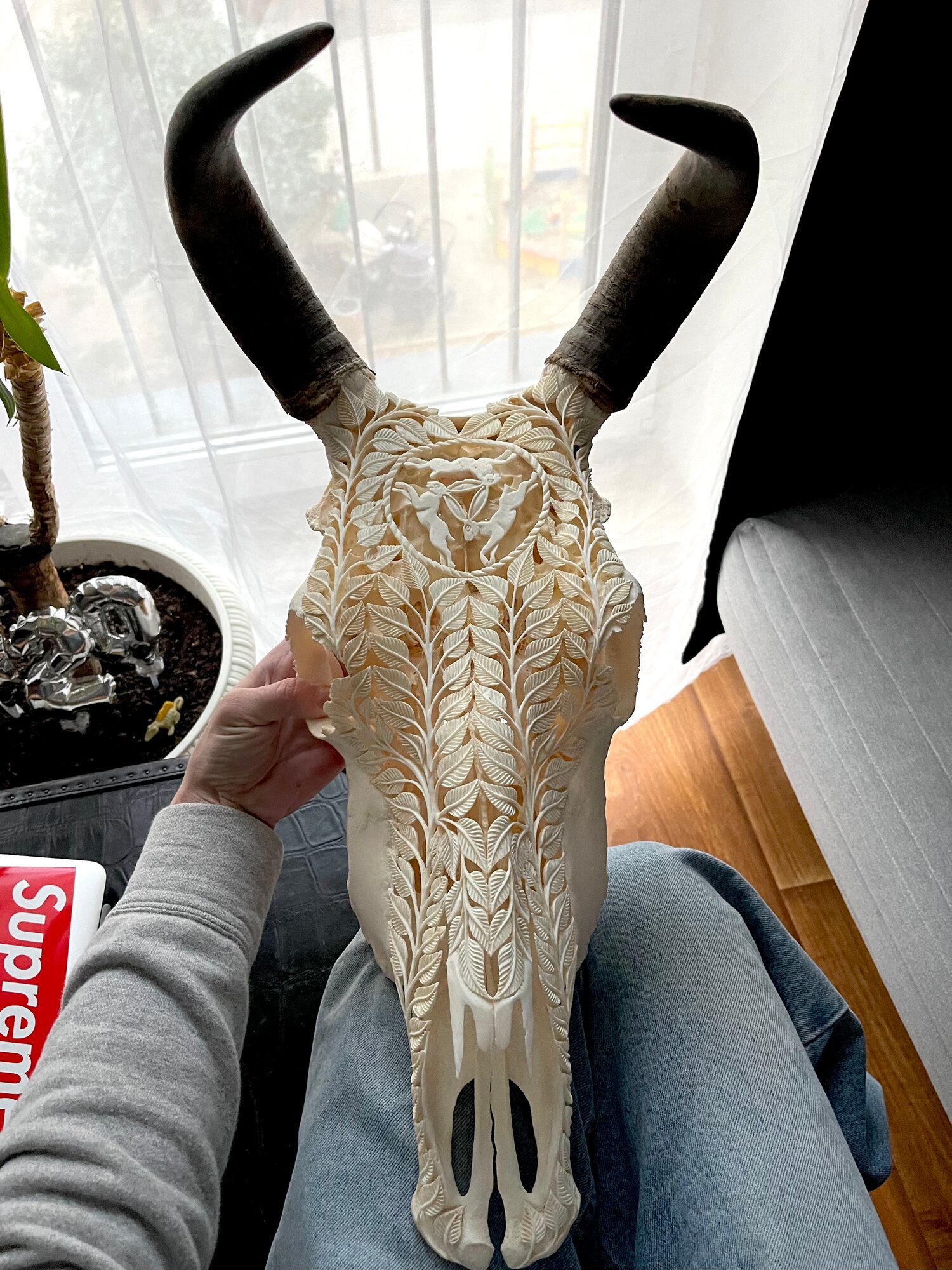 Настоящий череп быка с резьбой по кости ручной работы «Мистерия трех зайцев»