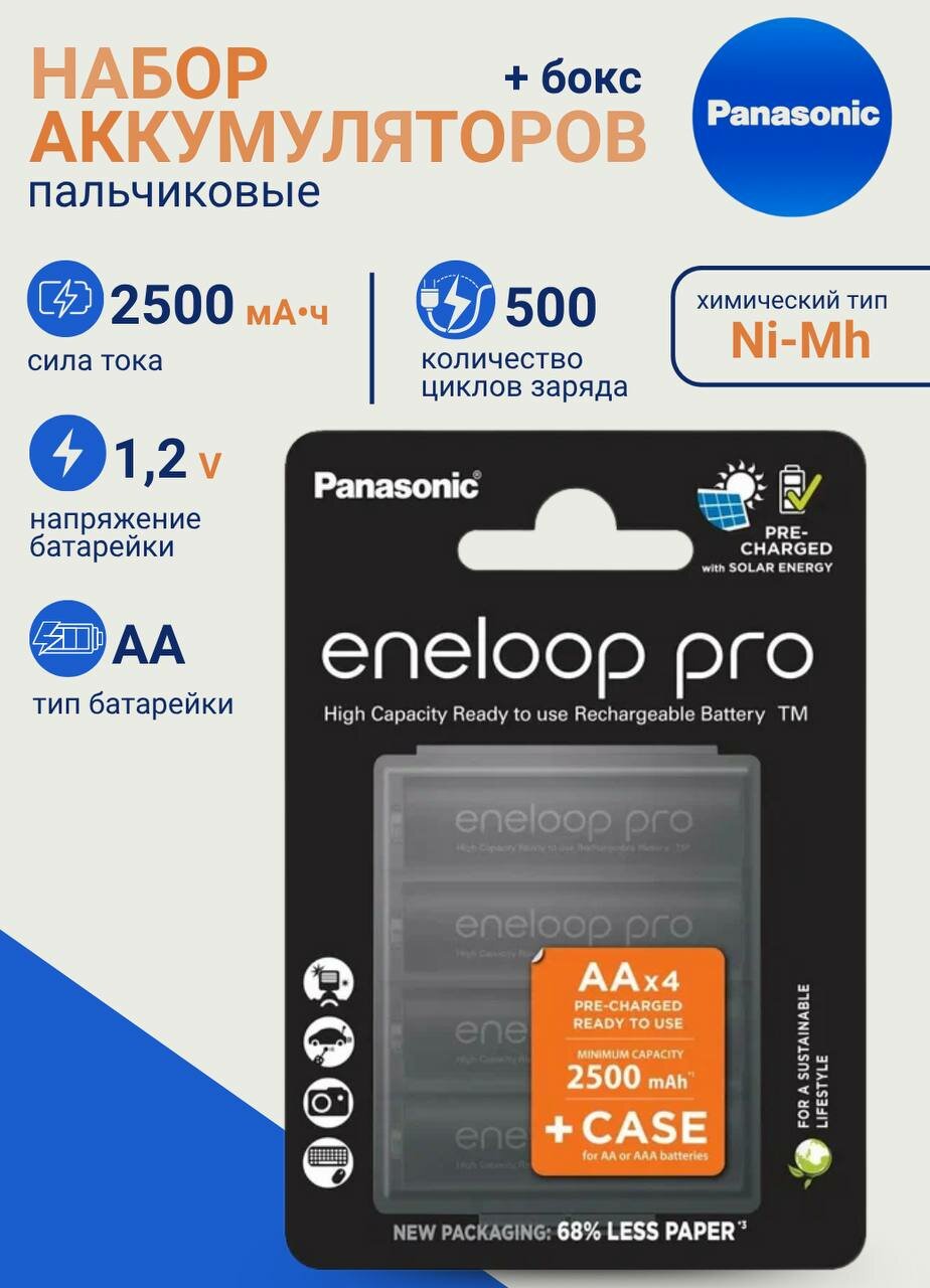 Аккумулятор Panasonic Eneloop Pro (BK-3HCDEC4BE), АА, 2500mAh, 4шт блистер с кейсом