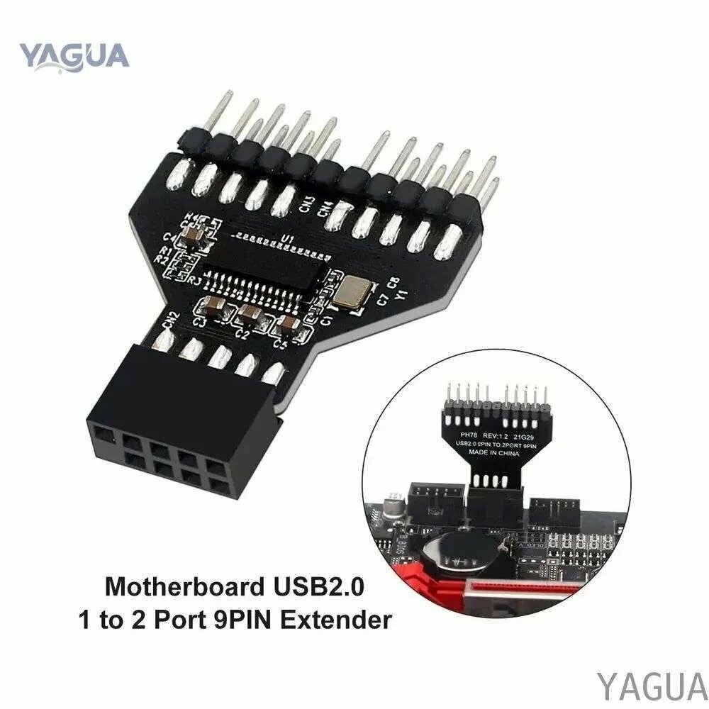 Разветвитель-хаб USB 2.0 (10 pin/9 pin) female с материнской платы на 2 x USB 2.0 (10 pin/9 pin) male, компактный YAGUA