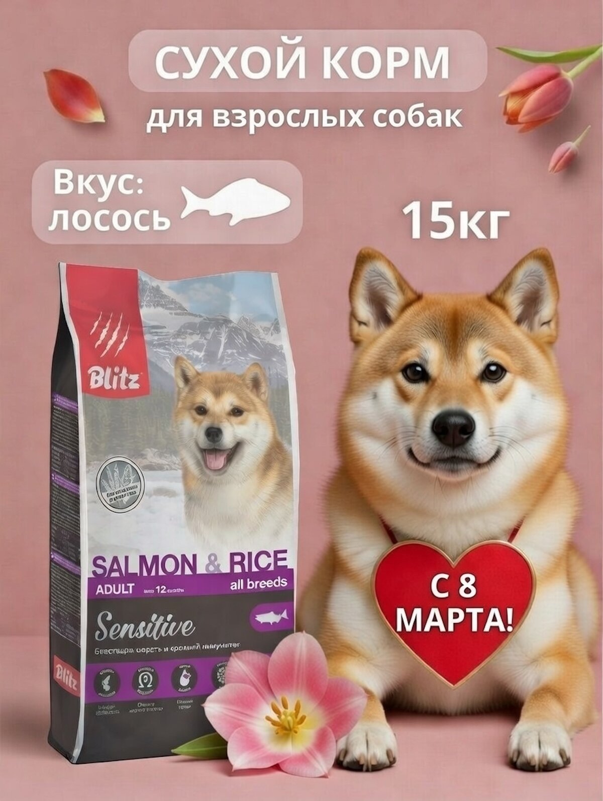 Сухой корм для собак Blitz Sensitive Adult Salmon & Rice лосось с рисом, для взрослых собак, 15 кг