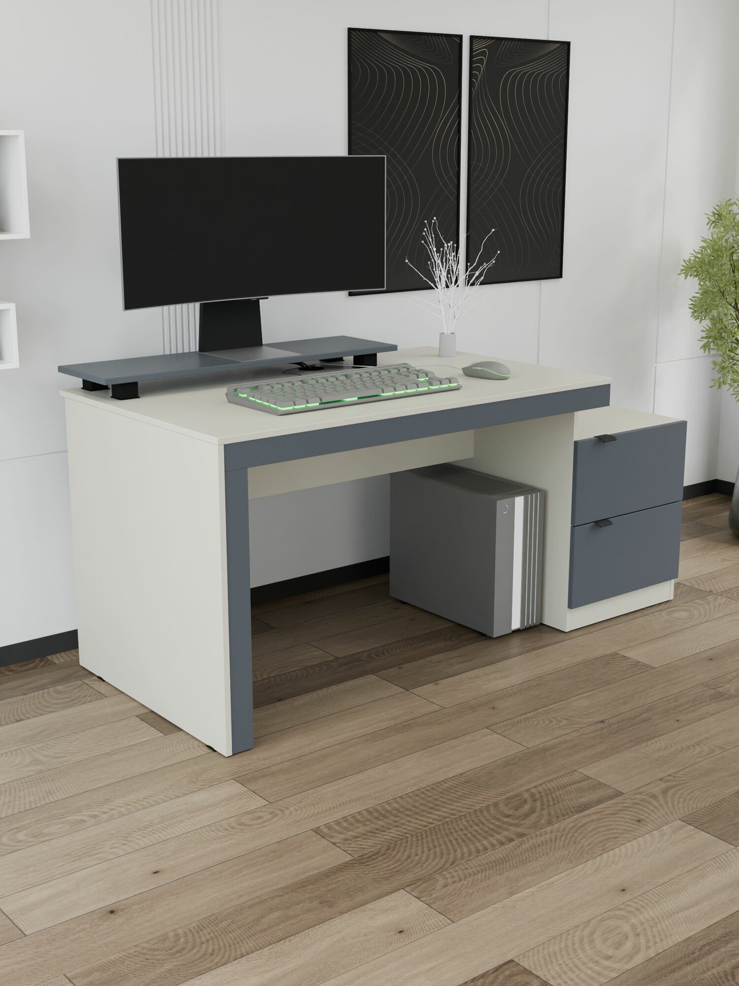 Изумлит Стол компьютерный для офиса и дома Вертикаль Компакт Лайт 165х73х74.5 см, тумба справа, бежевый-графит