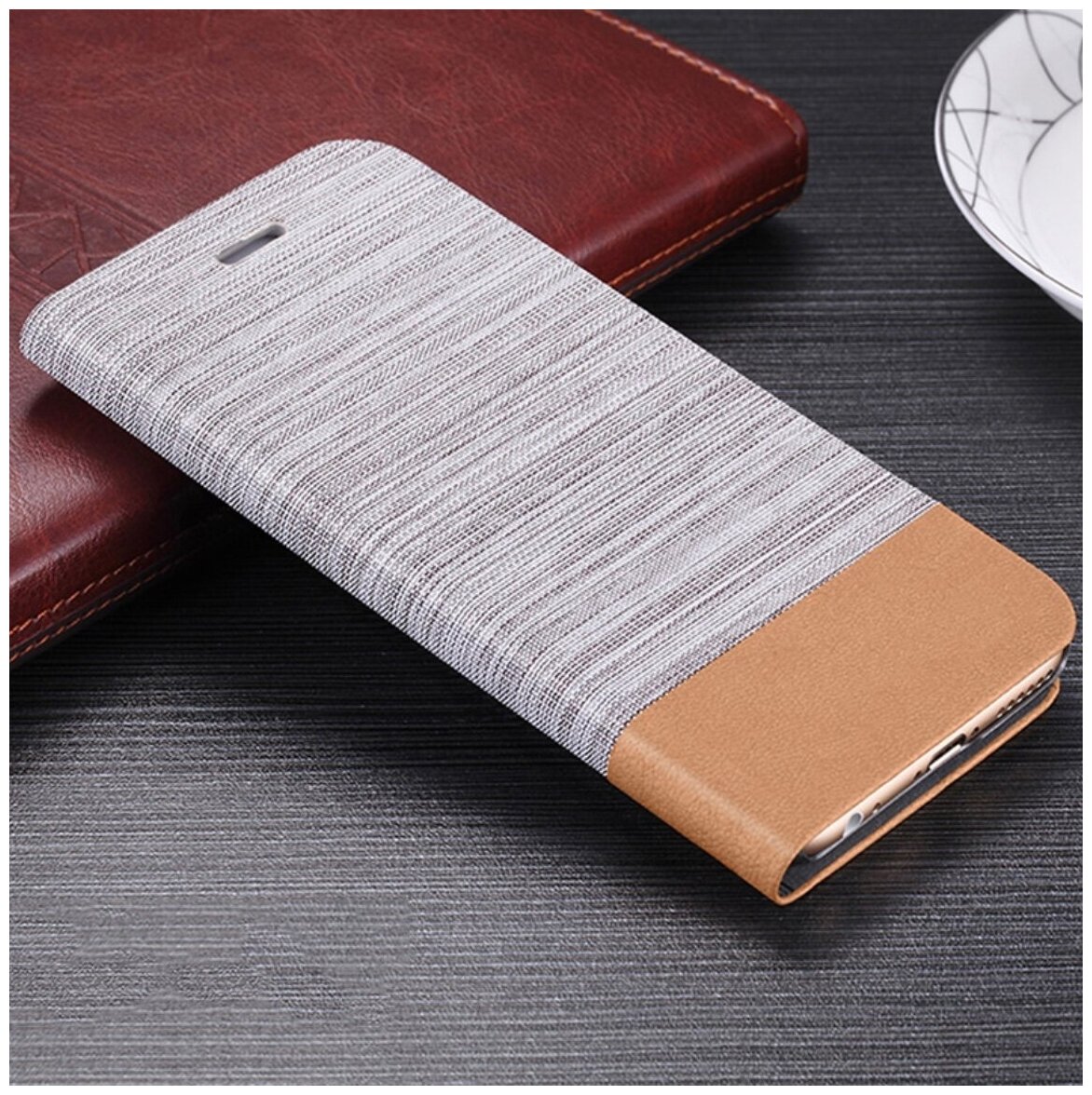 Чехол-книжка MyPads Vaqueros для iPhone 4/4S из водоотталкивающей ткани под джинсу с вставкой под кожу светло-серый