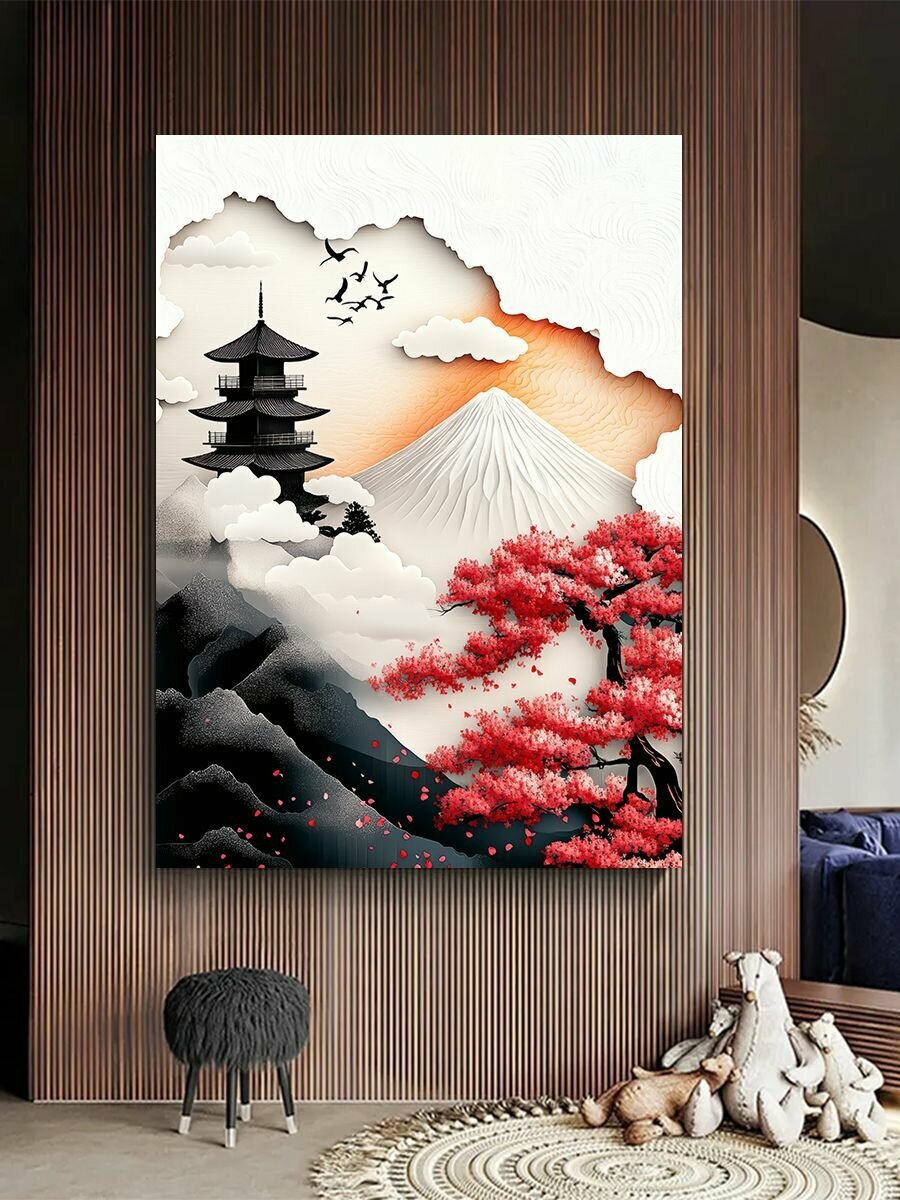 Картина на стену для интерьера - "Пейзаж в японском стиле / гора Фудзи и сакура" , 20х30 см.