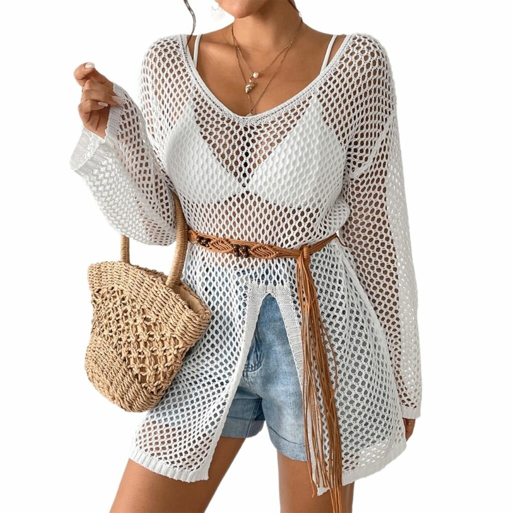 Ажурное вязаное пляжное платье с длинными рукавами, Белый