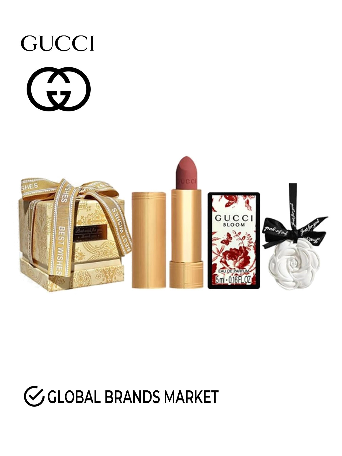 Подарочный набор: помада Gucci Beauty Rouge à Lèvres Matte 208, арома кулон "White Camellia", парфюм Gucci Bloom 7мл