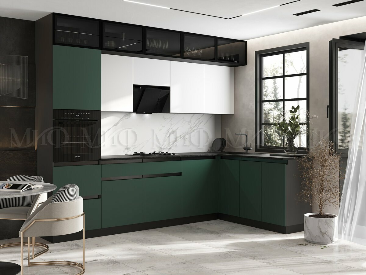 Кухня угловая Техно-6 3,0х1,8м высота 2,58м МДФ Браш Мени Грин/Браш Вайт, Графит