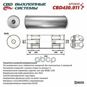 Глушитель. нержавеющий. круг d186, l520. отверстия с разных сторон по центру (1:1) под трубу 45мм. C