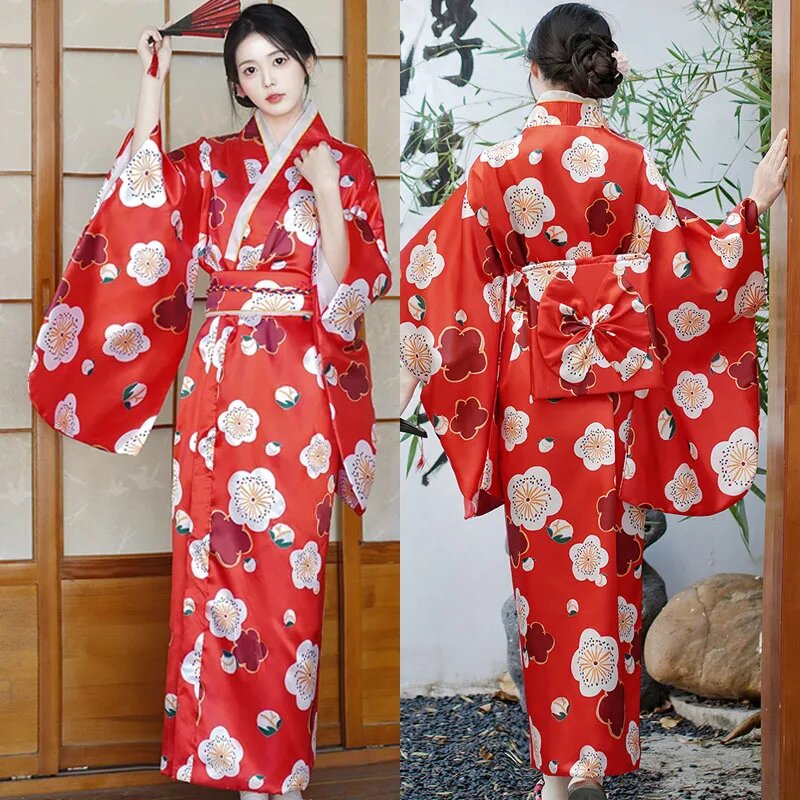 Женские винтажные синие кимоно в азиатском стиле Красный, Red Cherry Blossoms