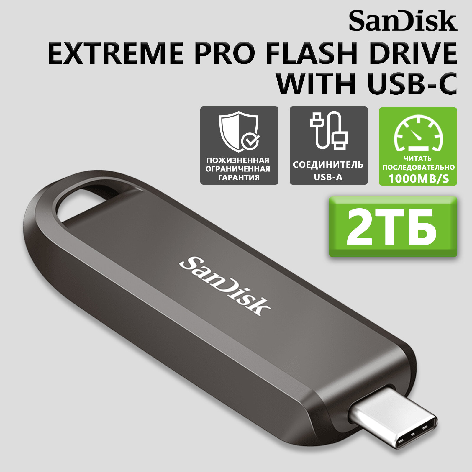 Твердотельный флеш-накопитель SanDisk Extreme PRO CZ890 USB-C, металлический, 2 ТБ