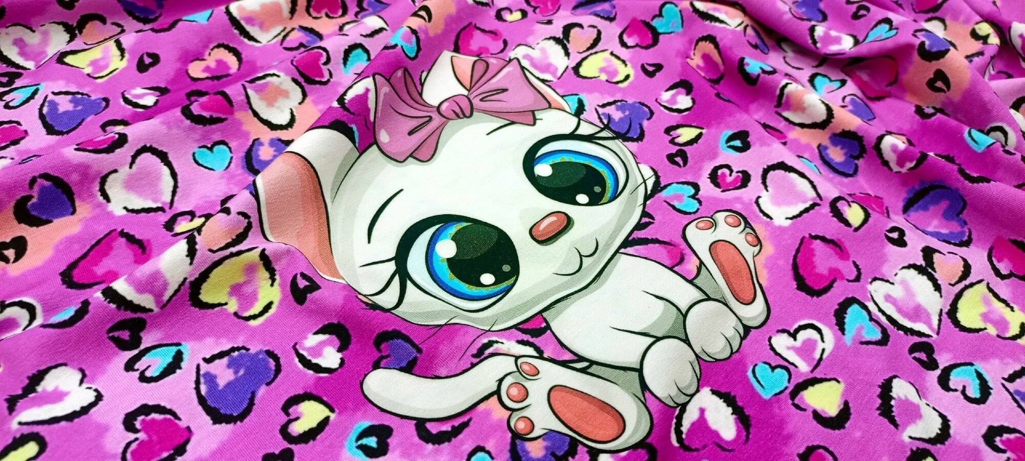 Трикотаж кулирка с лайкрой купон "Кошечка с бантиком", ткань для шитья, высота купона 0,61 см, ширина 180 см