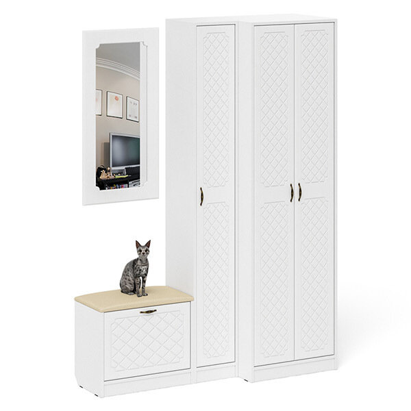 Прихожая П-6 Компоновка № 26, цвет белая шагрень/фасады МДФ белое дерево фрезеровка ромб