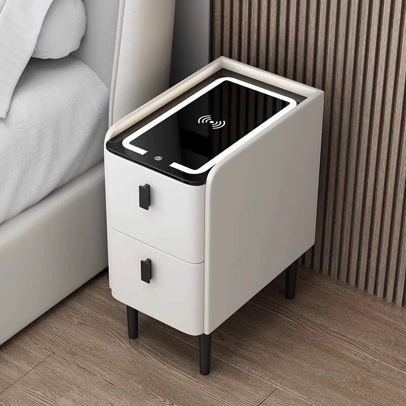 Умный прикроватный столик, современный дизайн с USB-портами и каменной столешницей для спальни