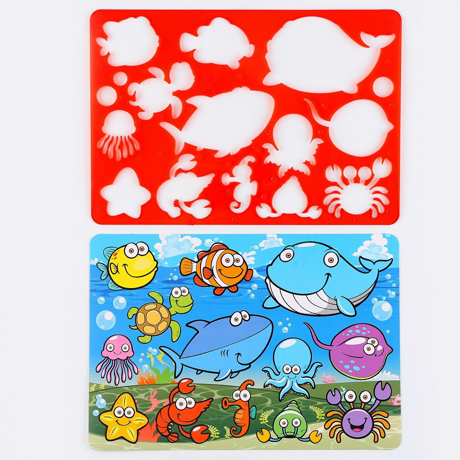 Трафарет для малышей "Морские обитатели" с раскраской, тематика: подводный мир