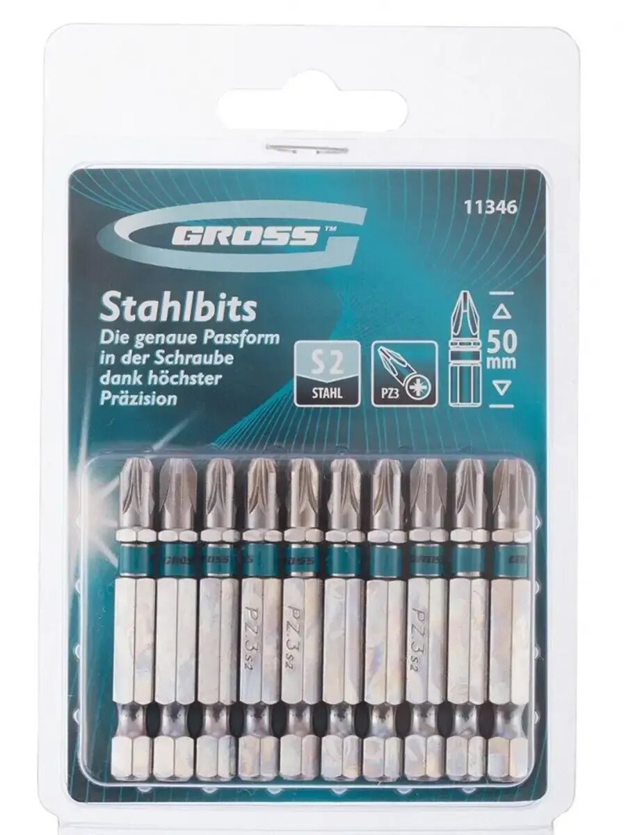 Набор бит для шуруповерта PZ3 x 50, S2, 10 штук, GROSS 11346