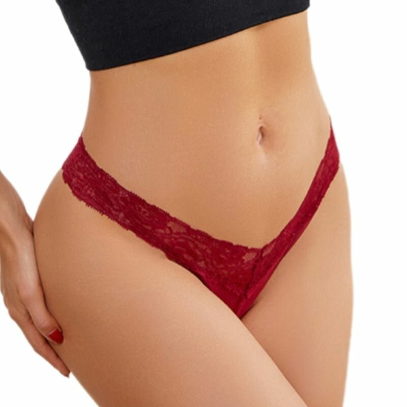 Женские летние тонкие кружевные трусики-стринги с низкой талией-винно-красный-M