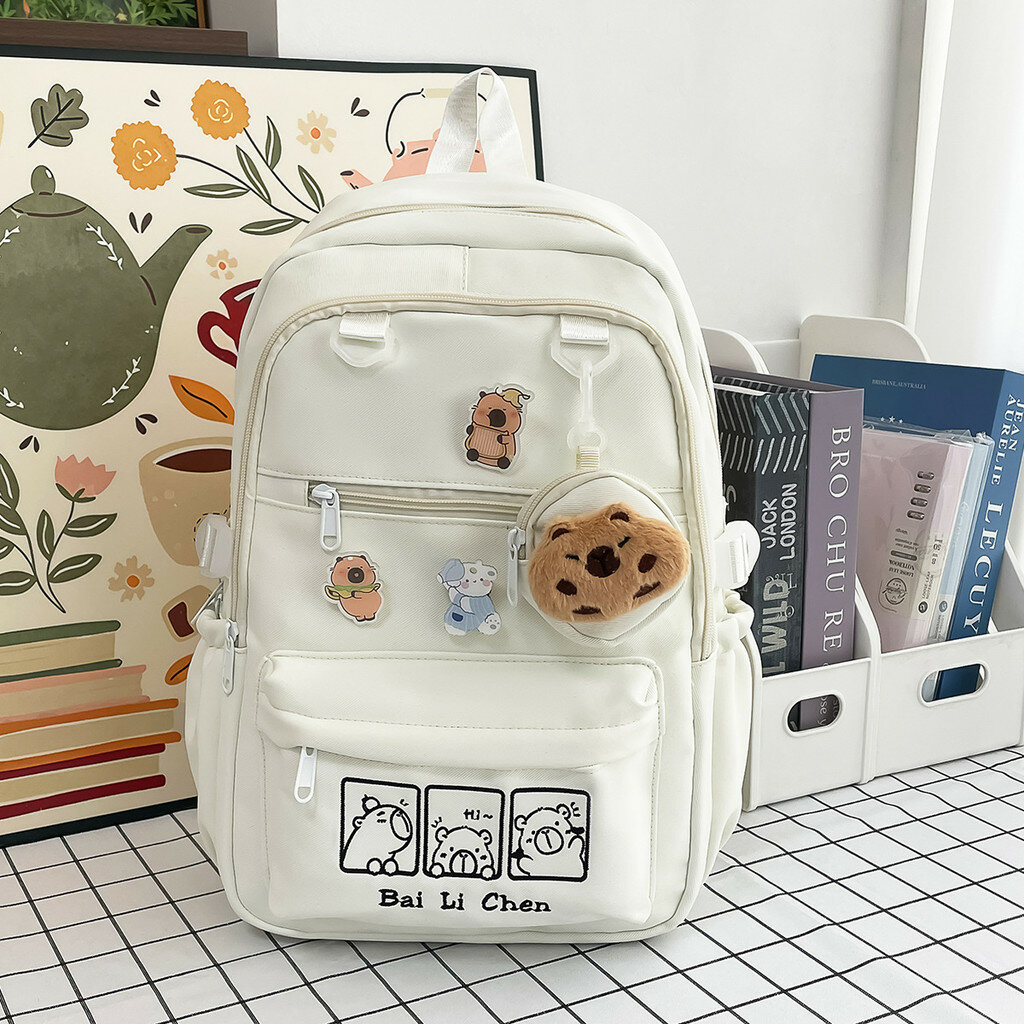 Capybara fashionable nylon backpack with padded shoulder straps for school white