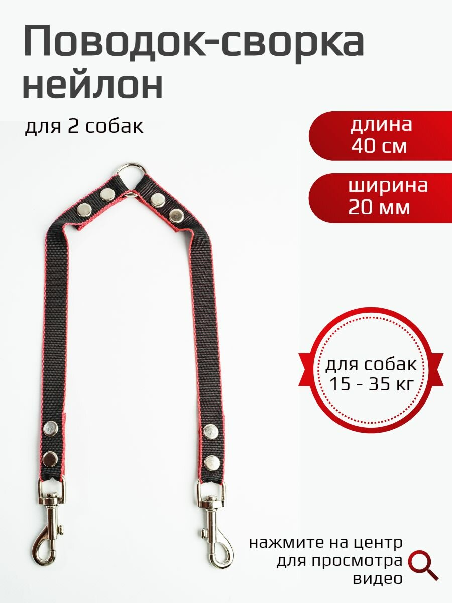 Сворка Хвостатыч для двух собак нейлон 40 см х 20 мм (чёрно-красный)