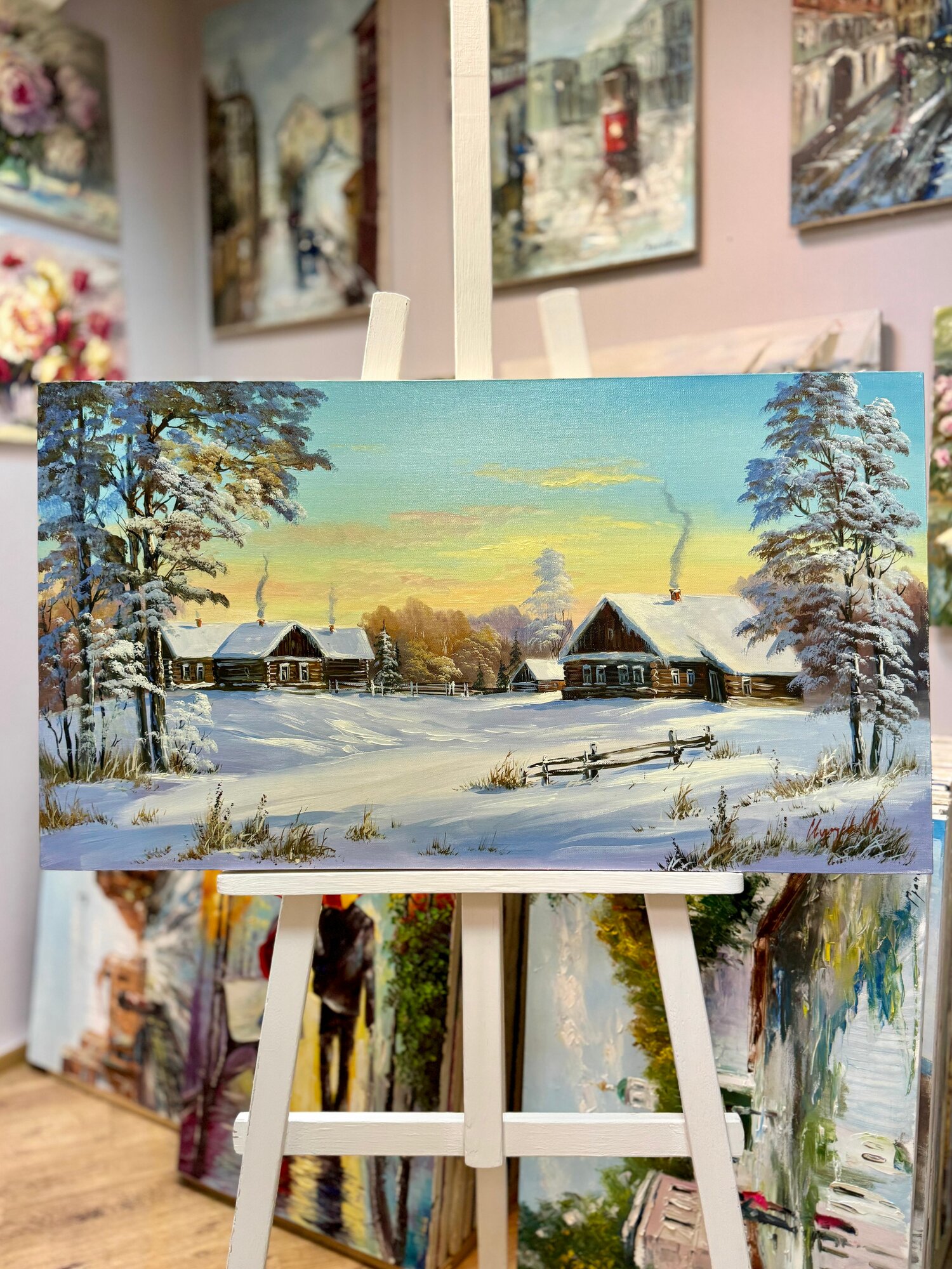 Картина маслом Зимний пейзаж, солнечный день, домики в деревне 90x50 см. Художественная мастерская Грёзы.